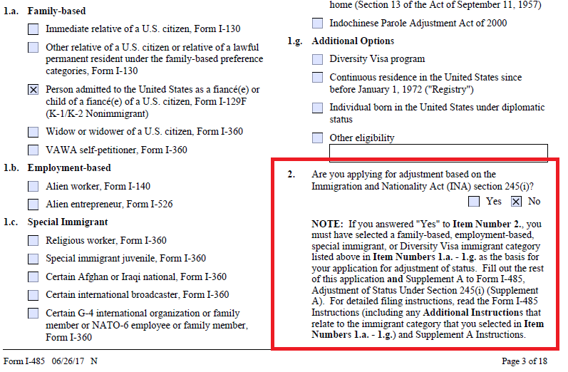 Form I 485 INA Section 245 i AOS From K1 Adjustment Of Status Green