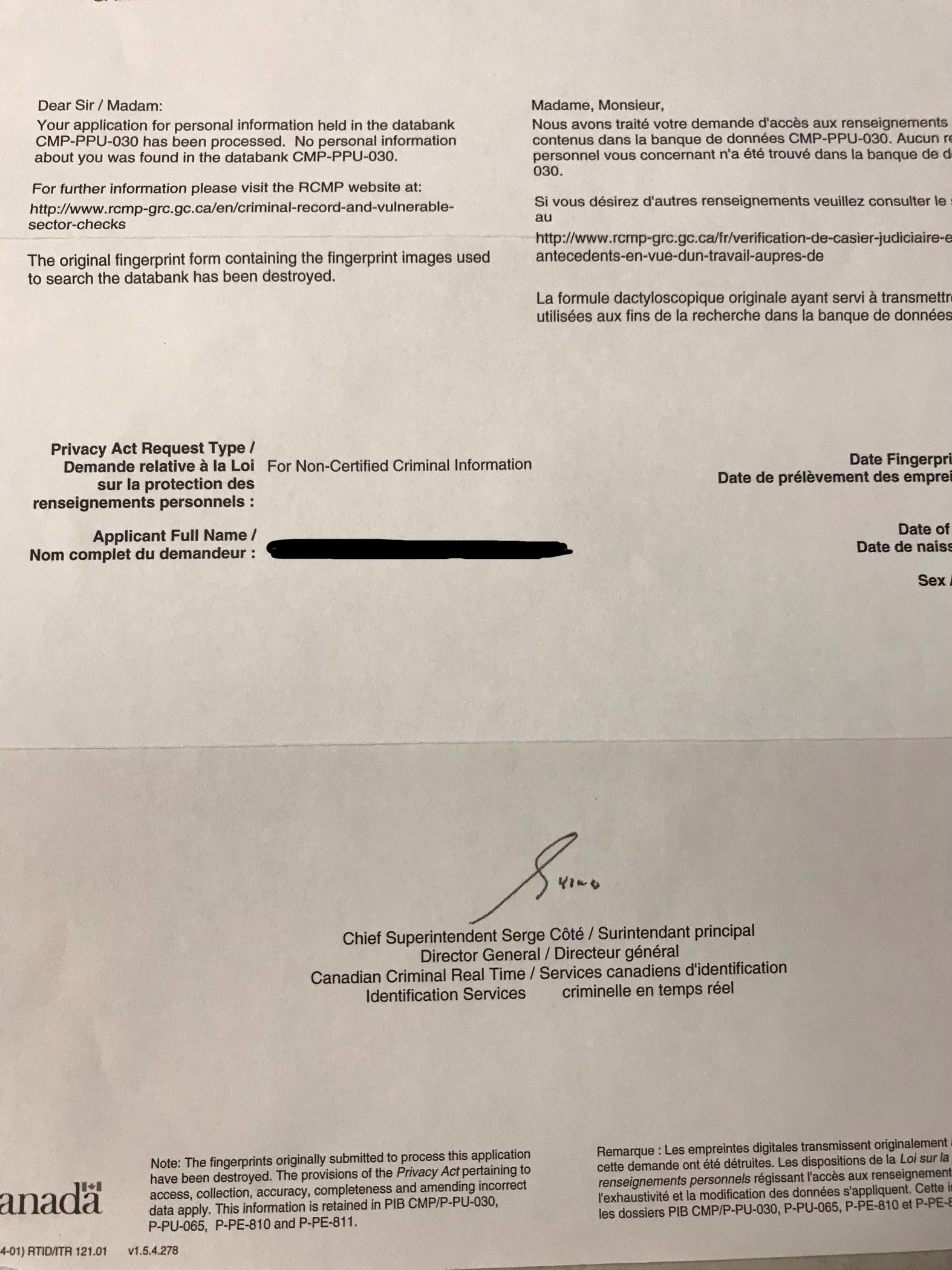 Police Report from Canada for non-Canadian immigrant to US - Privacy ...